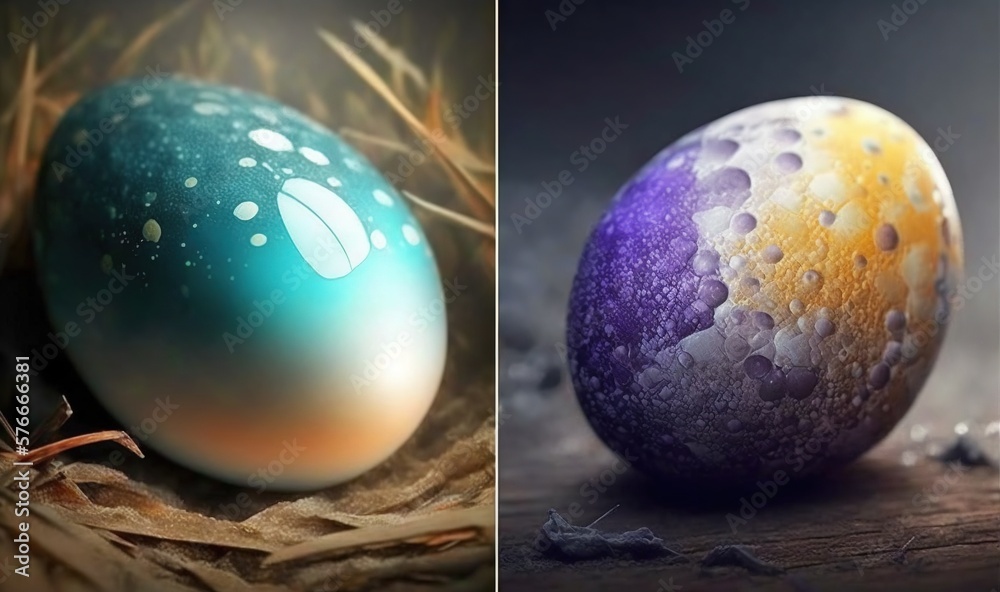 two pictures of an egg with different colors and patterns on it ...