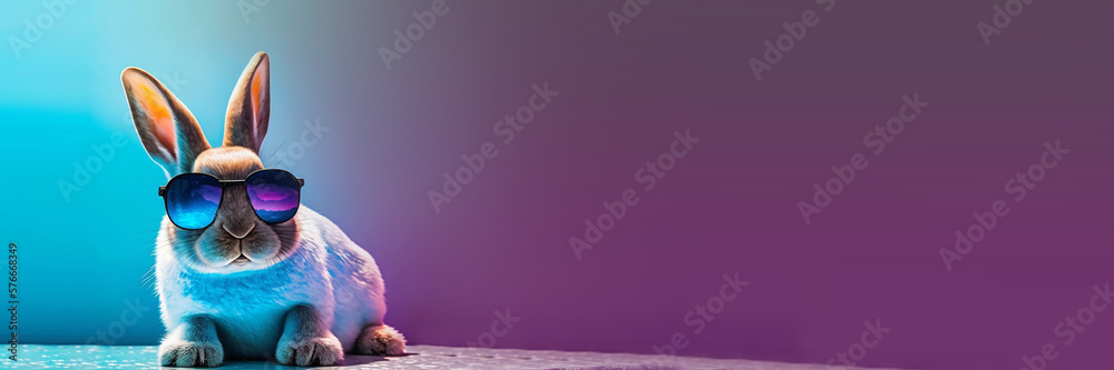 cool bunny with sunglasses isolated on colorful background, banner ...
