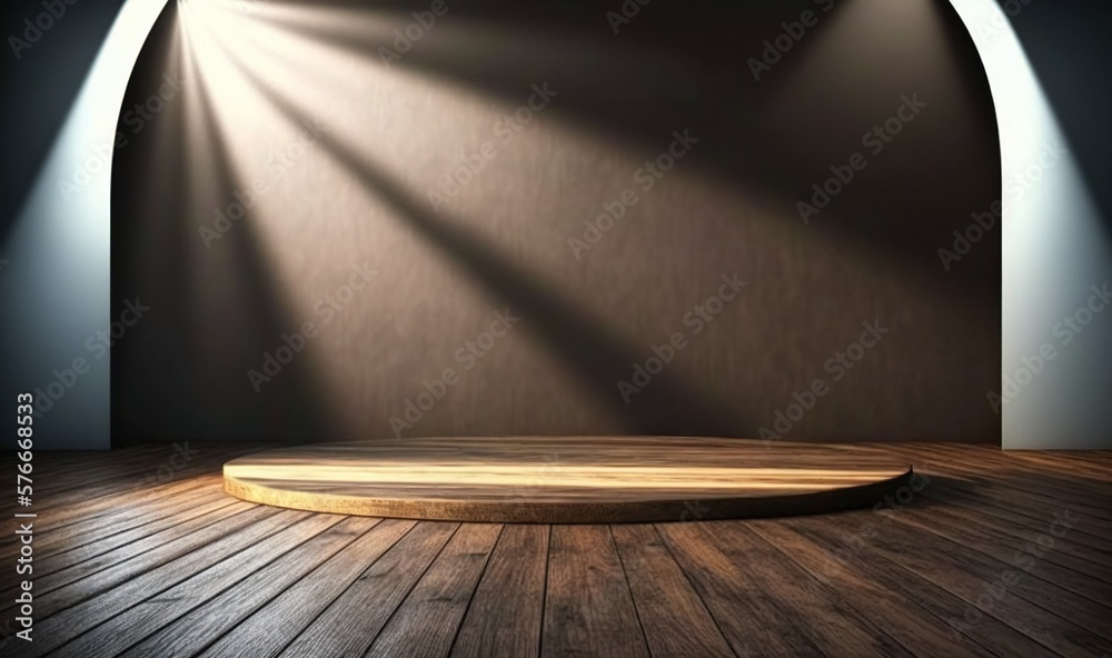 an empty stage with a wooden floor and a spotlight from the ceiling ...