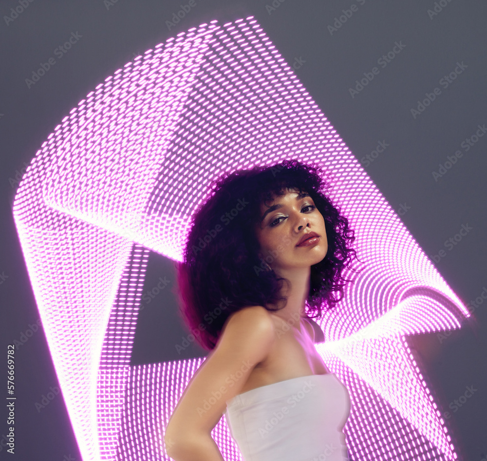 Neon background, woman and beauty portrait in studio with purple ...