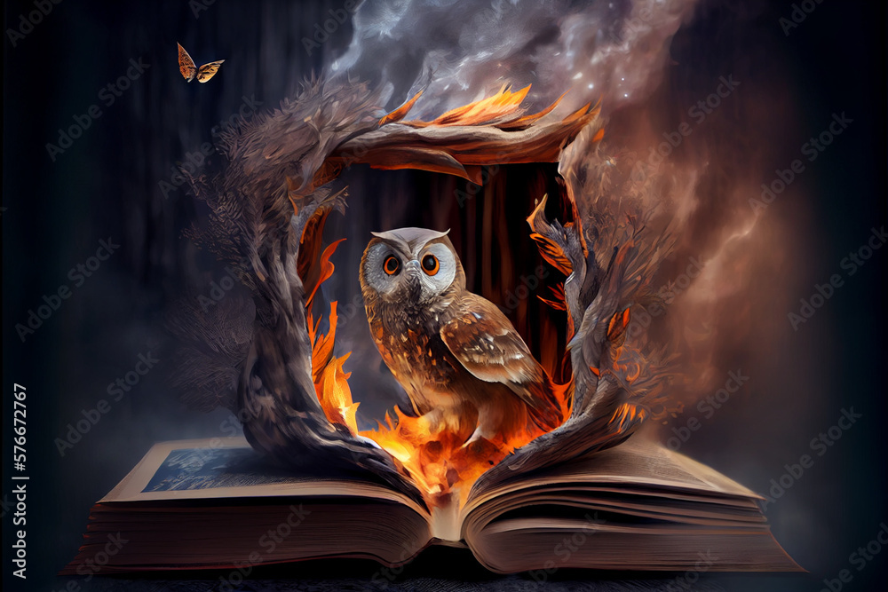 The symbol of wisdom, the owl, sits on an open book. Fairy tale fantasy ...
