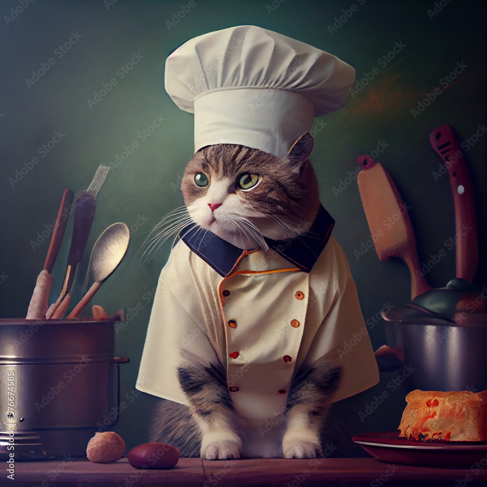 Portrait of a cat dressed as a chef. The cat is in the kitchen. AI ...
