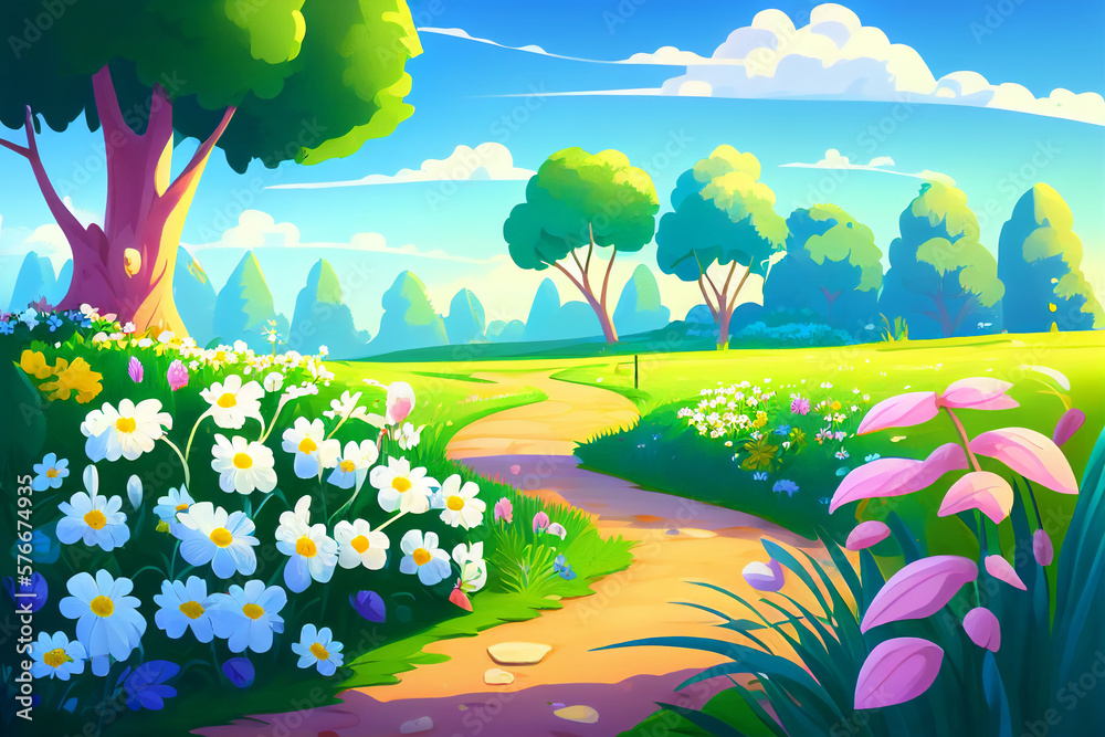 Cartoon meadow spring country lane landscape background of a springtime ...