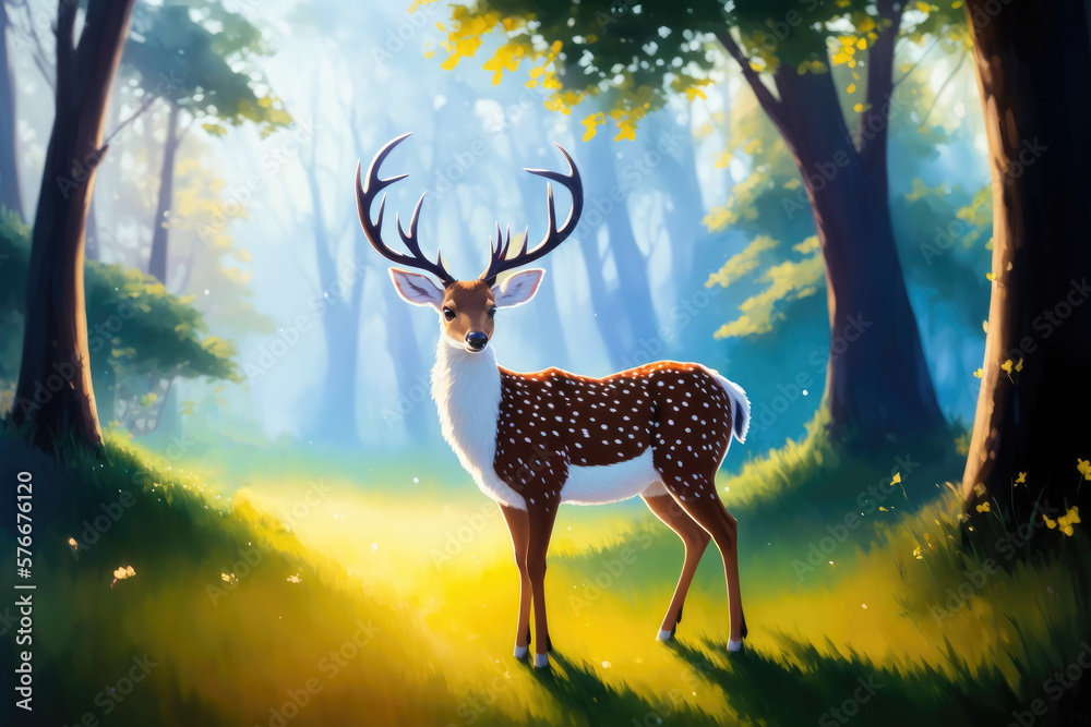 The deer standing in the forest. Colorful magic deer, cartoon style ...