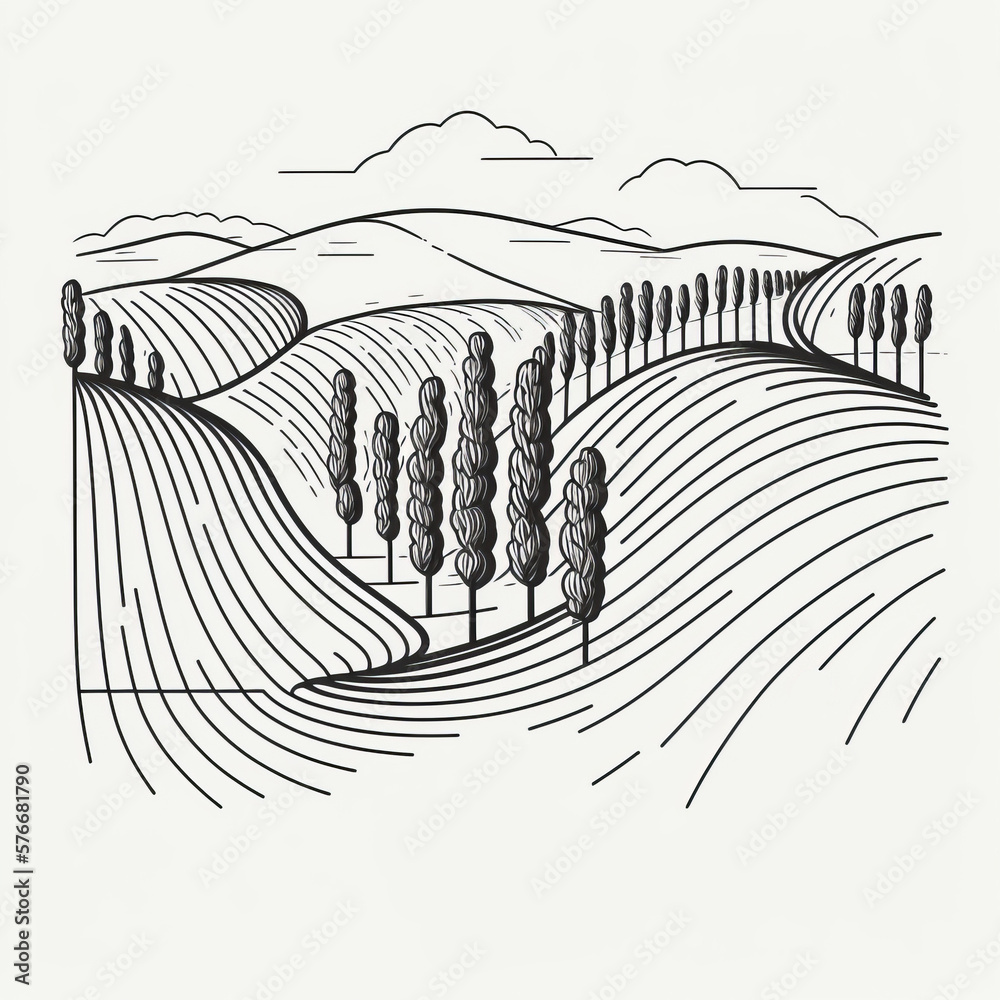 Vineyard with rows of grape vines. simple line drawing illustration ...