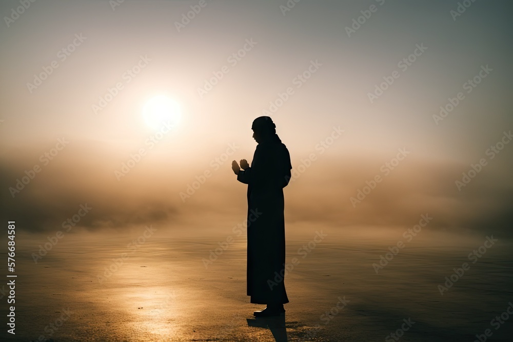 Muslim praying in a mystical environment, silhouette photo, no face ...