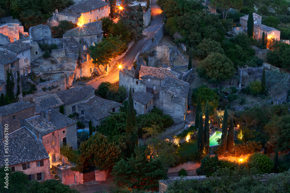 Evening in Gordes, one of the most well-known hilltop villages of ...