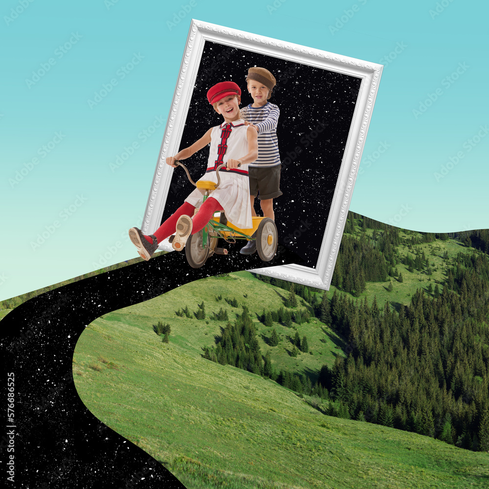 Contemporary art collage. Creative design. Little kids, boy and girl ...