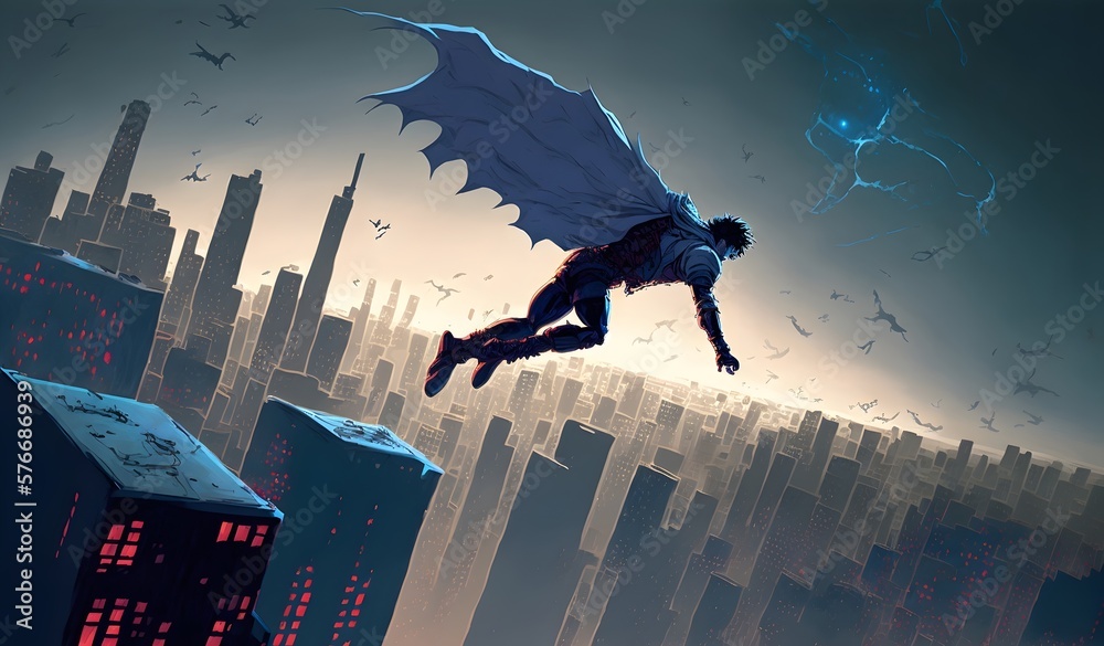 superboy flying in the sky over the big city at night, digital art ...