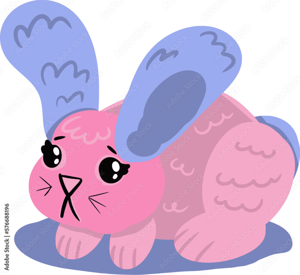 Vector drawing of a pink rabbit, with blue ears and tail.Hand drawn ...