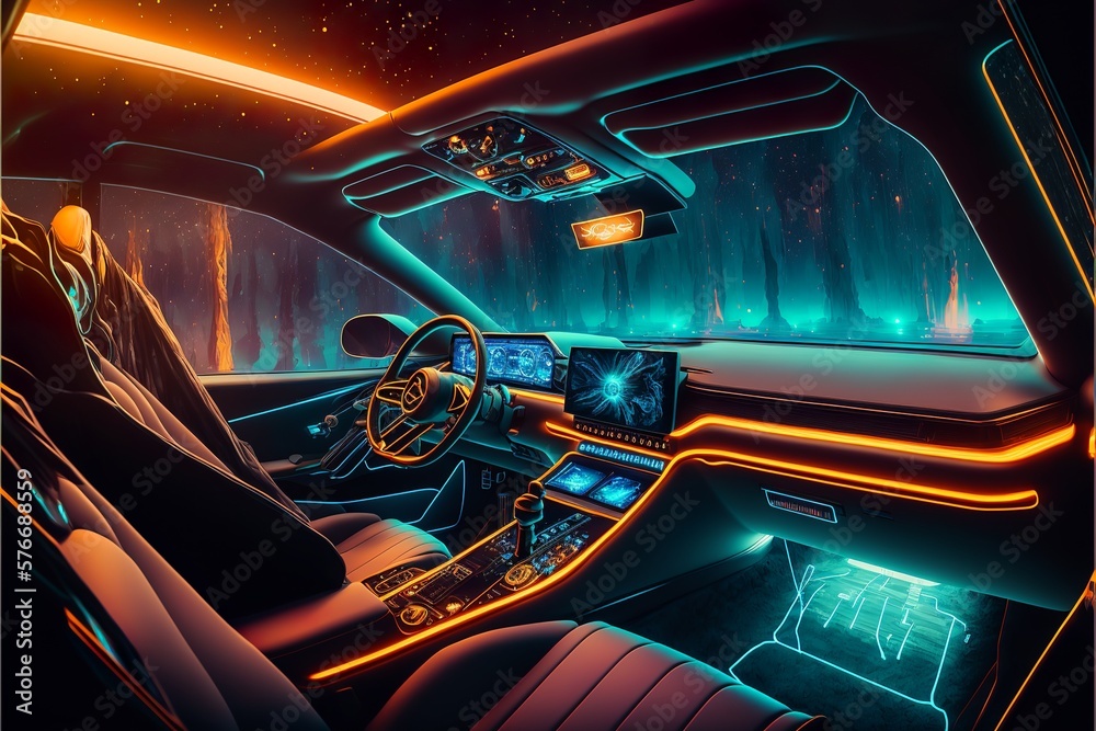luxury car interior with cool LED lights and technical devices Stock ...
