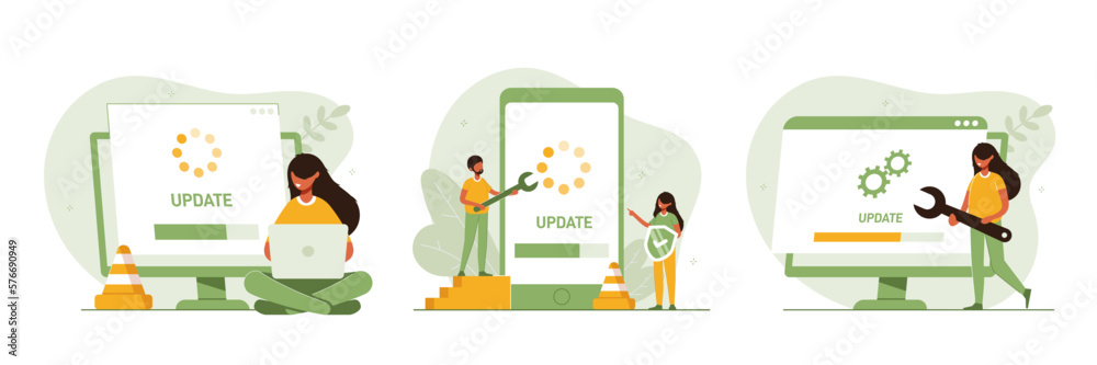 System or web application upgrade procedure set. Concept of software ...