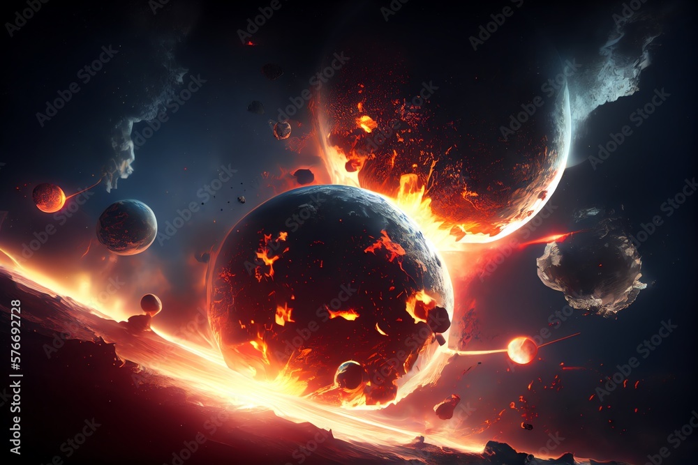 Asteroid Impact, End Of World, Judgment Day. Group Of Burning Exploding ...