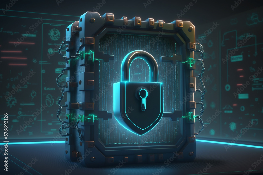 Illustration of a digital screen displaying a lock icon and an ...