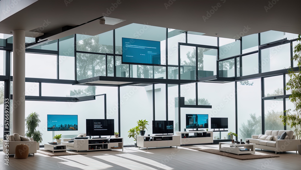 modern, futuristic living room with windows, smart home, screens ...