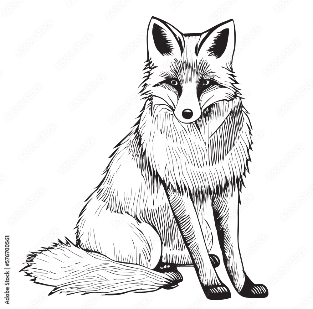 Cute Fox sitting hand drawn sketch illustration Wild animals Stock ...