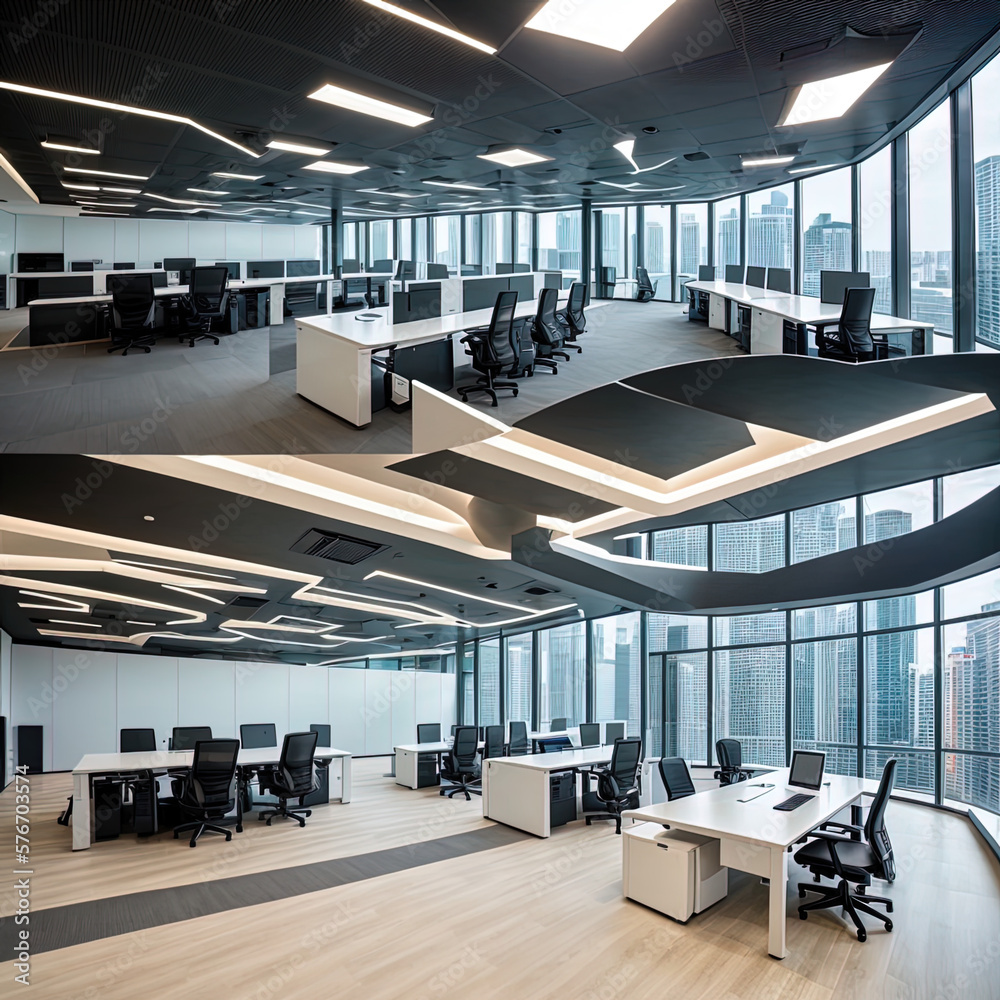 modern, futuristic office room with windows, smart home, screens ...