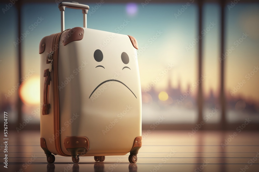 Scared suitcase is lost at airport terminal. Luggage loss, flight ...