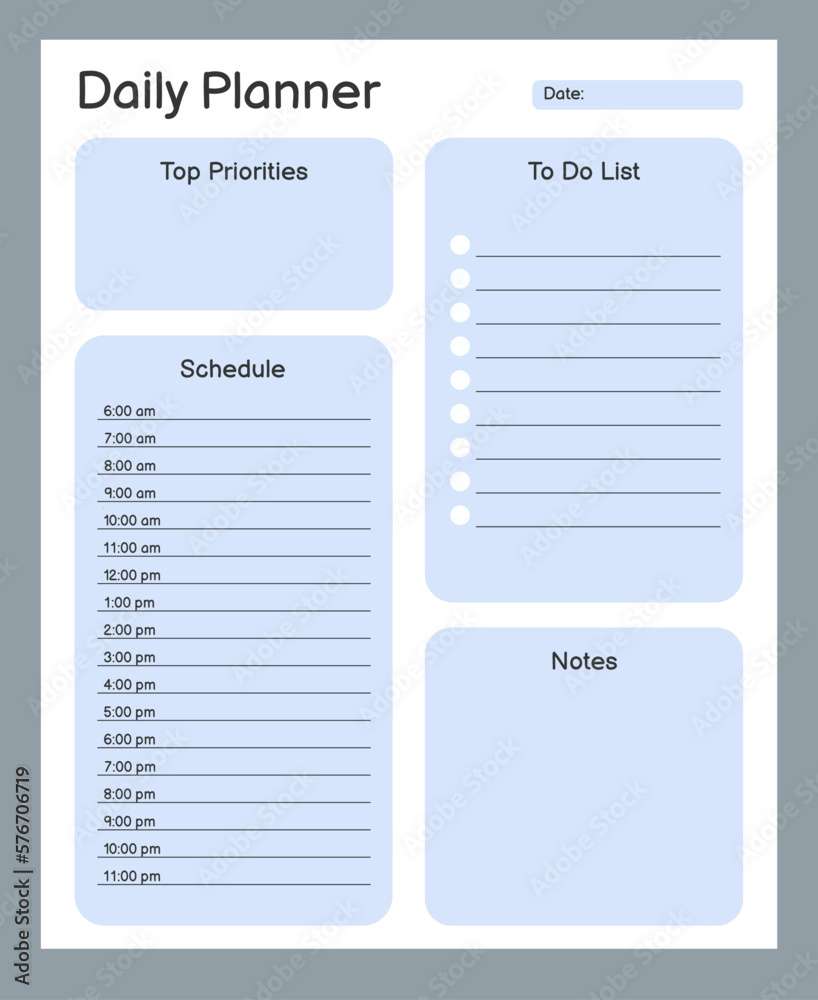 Daily planner printable template. Blank white notebook page. Business ...