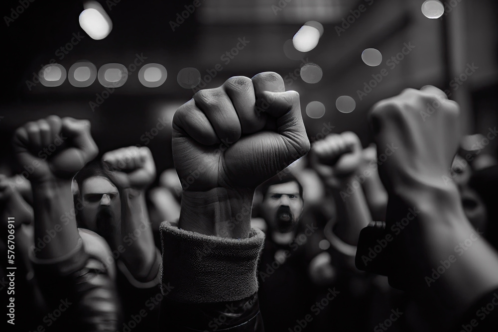 Protest activists. Crowd with raising fists at city street. Group of ...