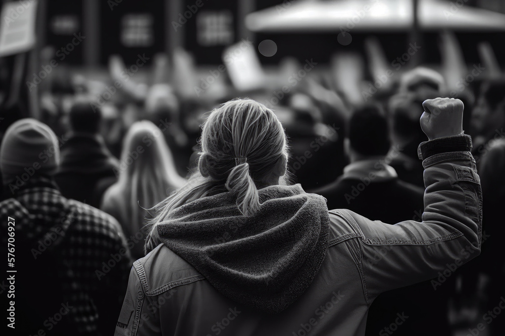 Back view of aggresive people protesting at city street. Protest ...