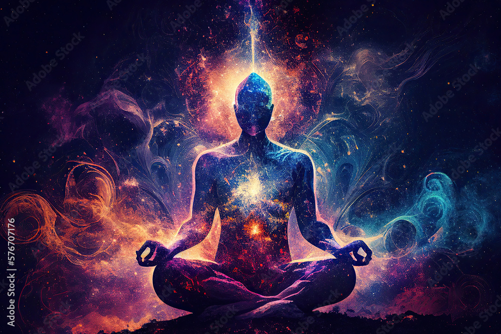 Astral body silhouette in lotus pose practicing yoga against cosmic ...