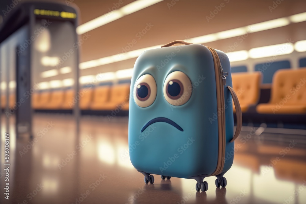 Scared suitcase is lost at airport terminal. Luggage loss, flight ...