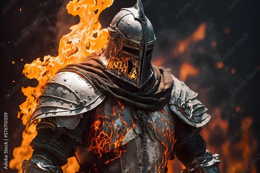 Portrait of a Knight in Armour, Fire Battle Fantasy Background ...