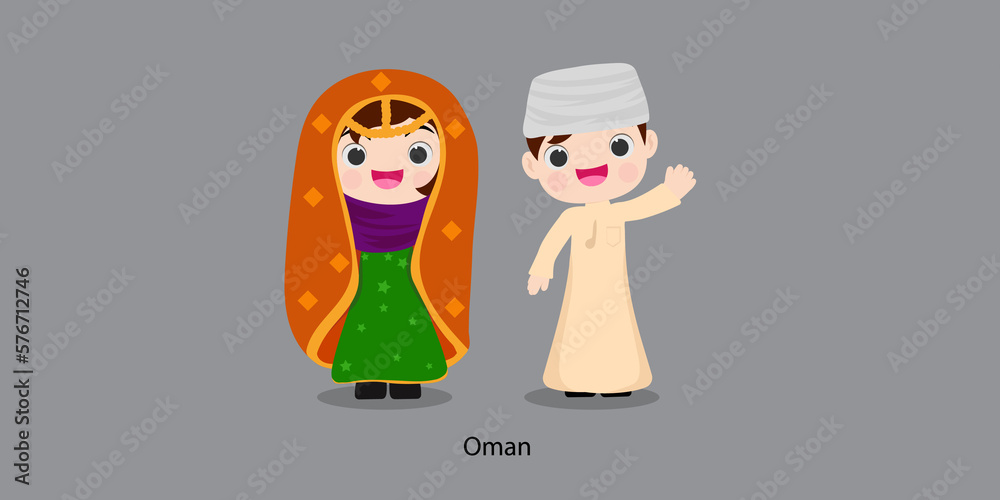 Oman People in national dress with a flag. Man and woman in traditional ...