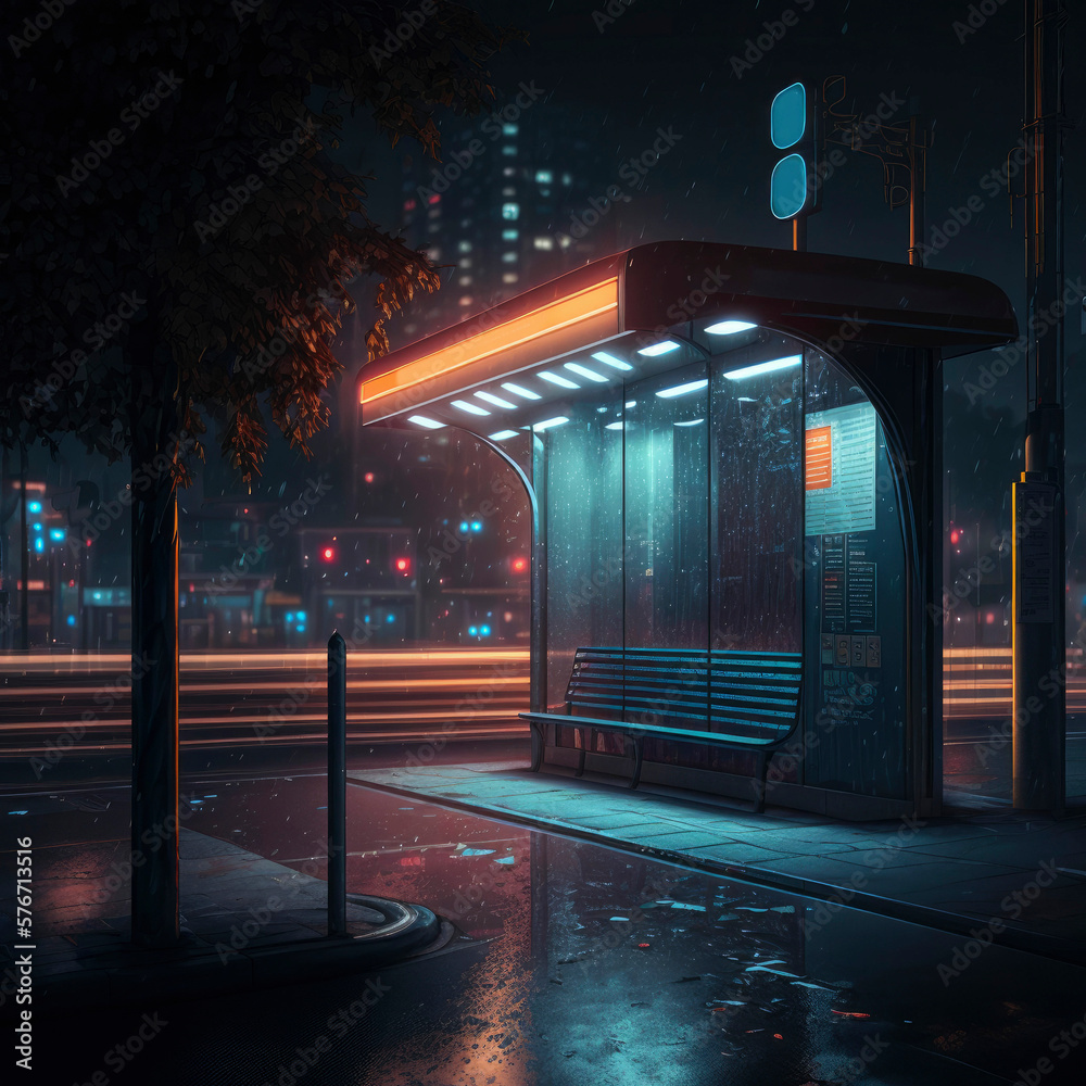 Cyberpunk bus stop, Ad space at a nighttime bus stop ,made with ...