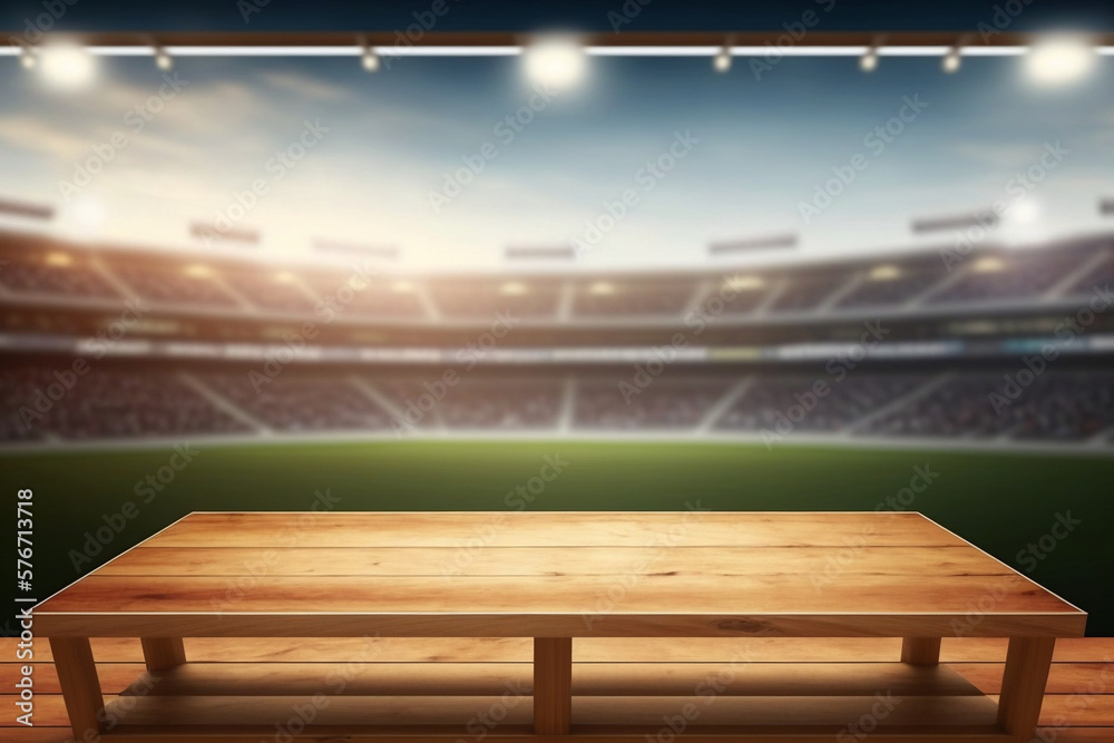 Empty wooden tabletop product display showcase stage with large sports ...