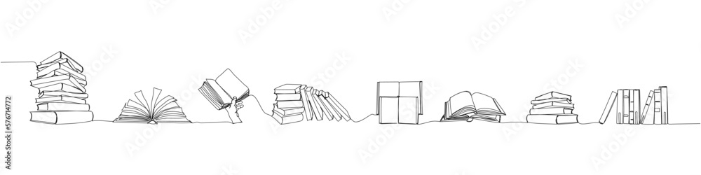 A set of several books of different sizes, angles one line art ...