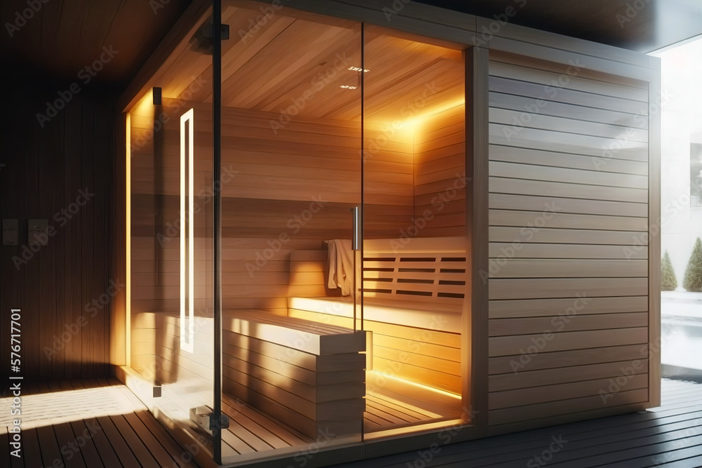 A modern and cozy wooden sauna with contemporary touches. The warm and ...