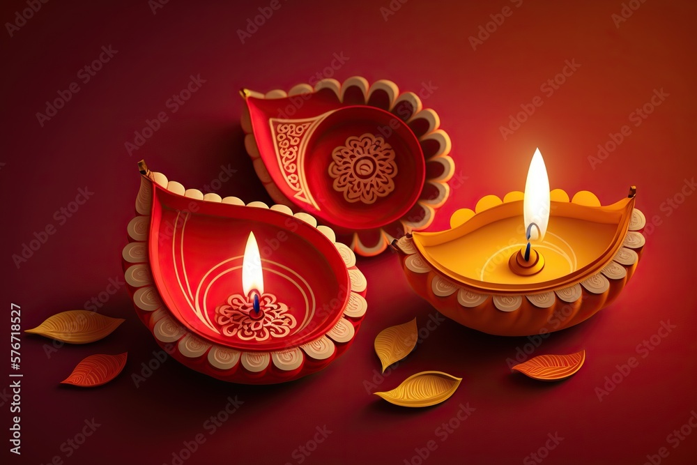 Happy diwali - clay diya lamps lit during diwali hindu, concept of ...