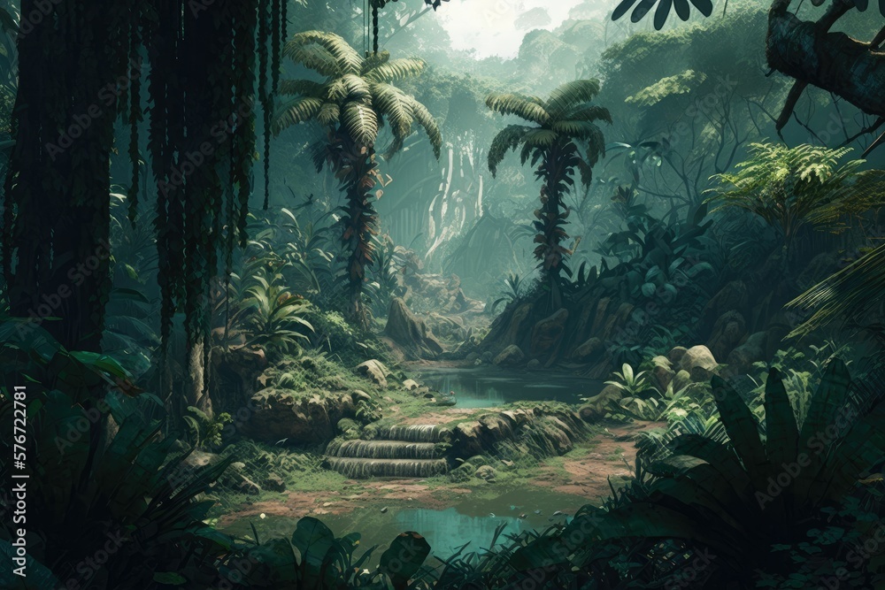 Ilustrace „a warm equatorial forest. with many green trees and two palm ...