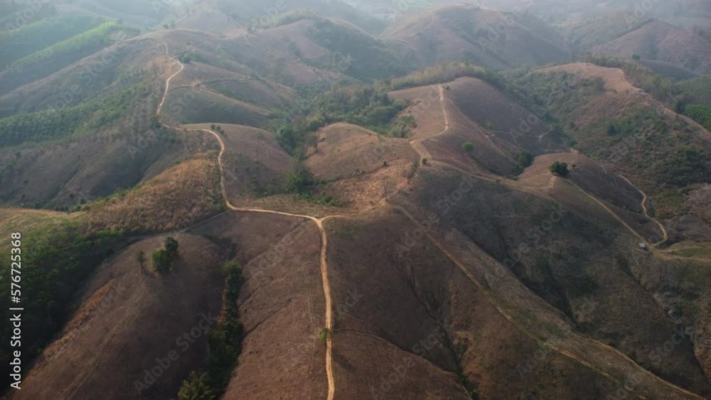 Mountain destroyed by human for cultivate plants. Aerial view of ...
