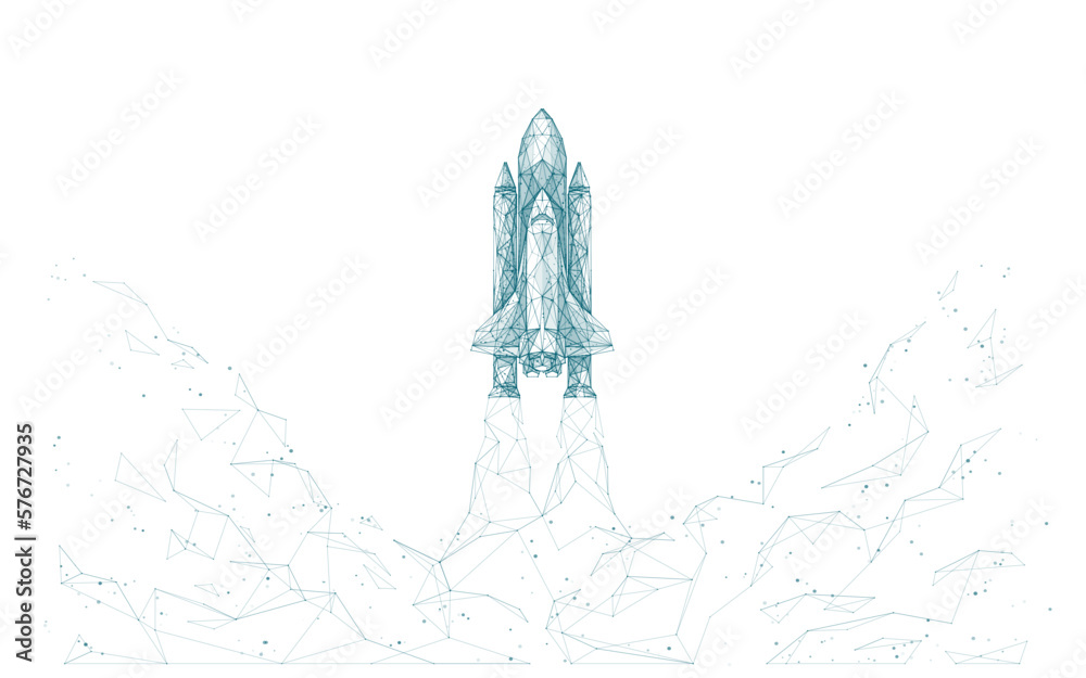 Rocket launch. Digital 3D space shuttle from polygons and lines ...