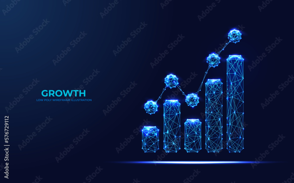 Polygonal growing bar graph in technology blue on a dark blue ...