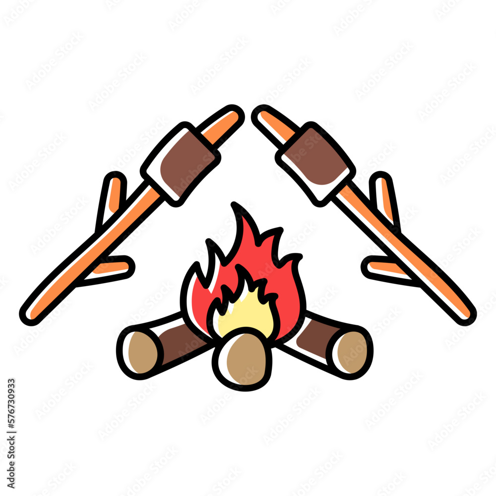 Bone fire at campsite concept, Grilling the Food at Picnic vector color ...