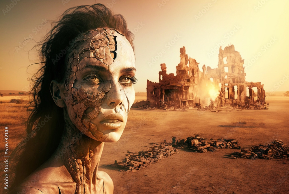 woman and devastated landscape, destroyed city after fictional event ...