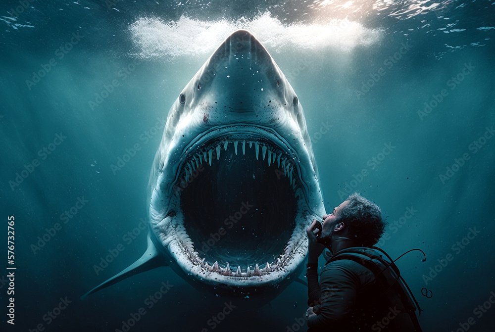 scared shocked diver and an adult great shark with a large mouth and ...