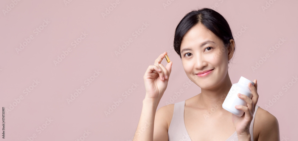 Portrait young asian woman happy smile face with vitamin nourishment ...