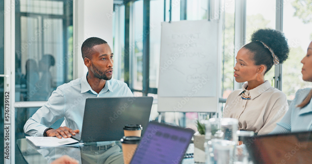 Corporate, black man and team in meeting, brainstorming and feedback ...