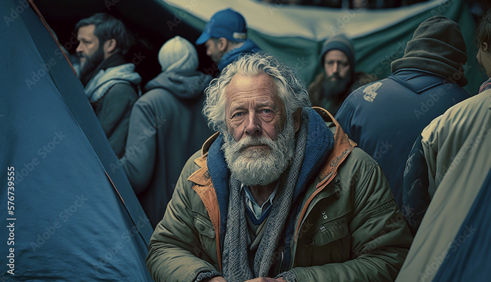 homeless and in poverty in a tent city, alone and discouraged and sad ...