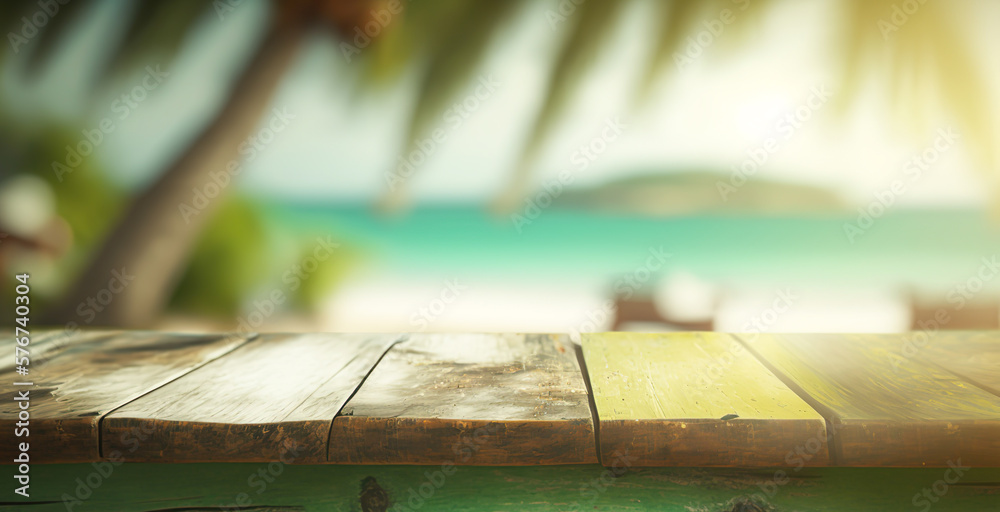 Sective focusrustic wood table top with blur sea or beach and.For ...