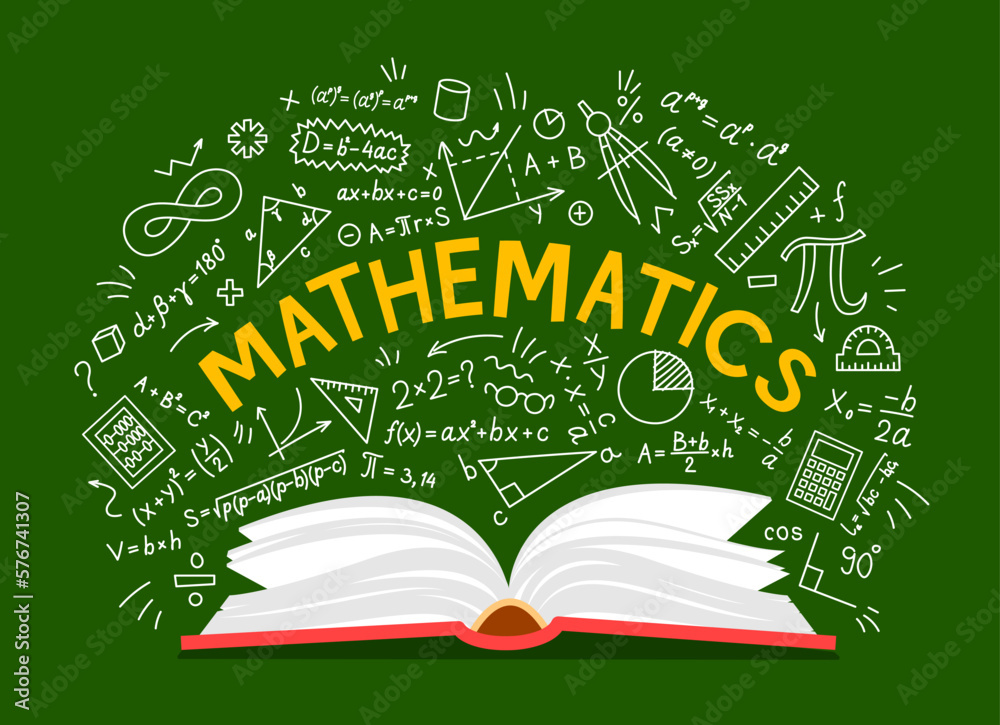 Mathematics Textbook And Formulas Background Vector Open Math Book On Green Chalkboard Backdrop