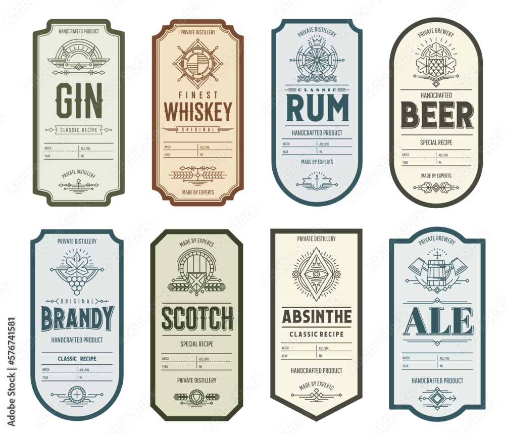 Vintage alcohol labels, brandy, whiskey and rum, absinthe and gin, beer ...