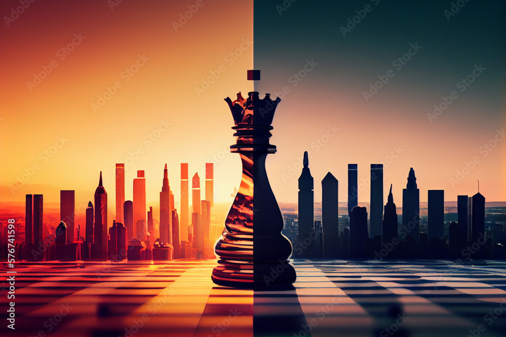 Chess king good vs bad, modern city in background, golden hour ...