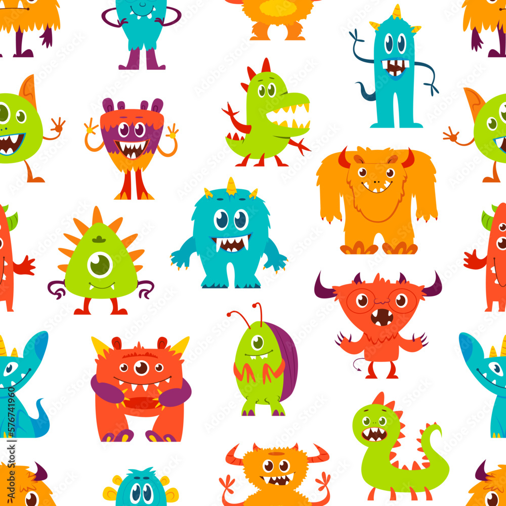 Cartoon funny monster characters seamless pattern. Halloween background ...