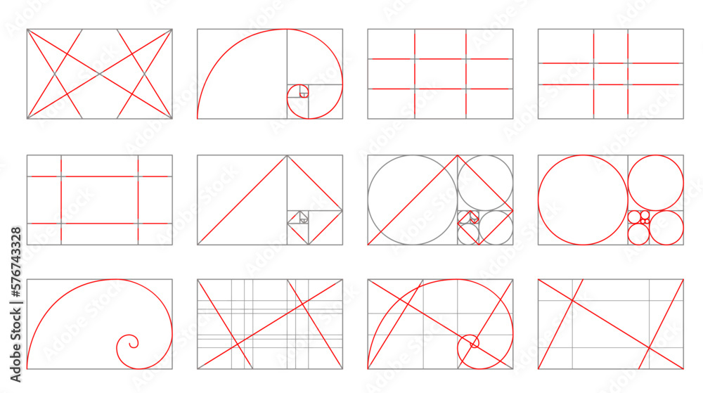 Golden ratio proportions. Fibonacci frames, composition patterns or ...